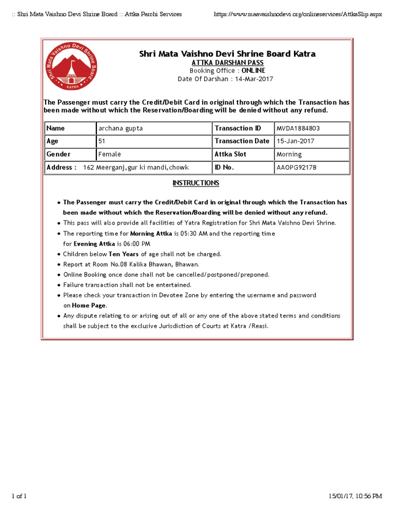 Shri Mata Vaishno Devi Shrine Board Attka Parchi Services Booking | PDF