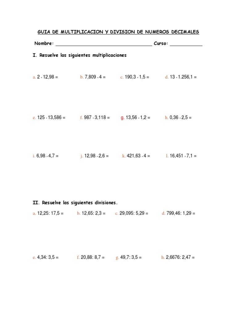 Guia de Multiplicacion y Division de Numeros Decimales | PDF | Métodos ...