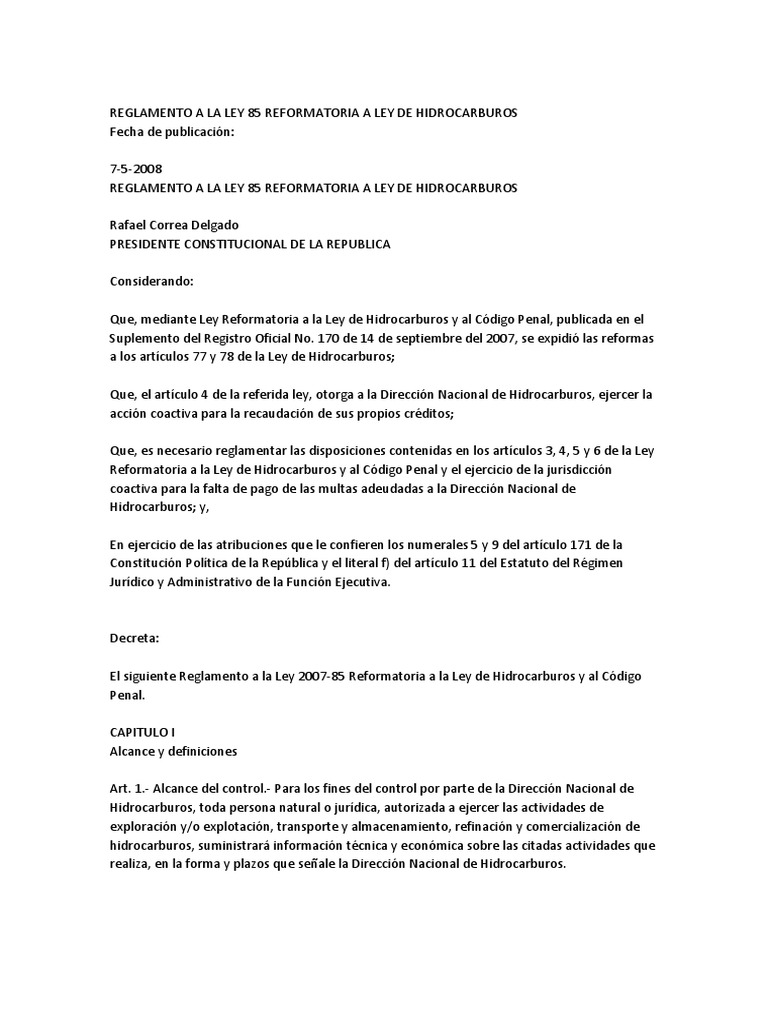 Reglamento A La Ley 85 Reformatoria A Ley de Hidrocarburos | PDF ...