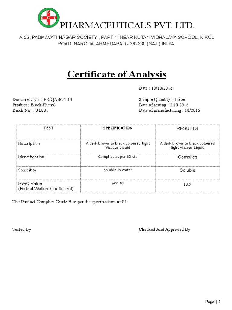 Certificate of Analysis: Pharmaceuticals Pvt. LTD | Download Free PDF ...