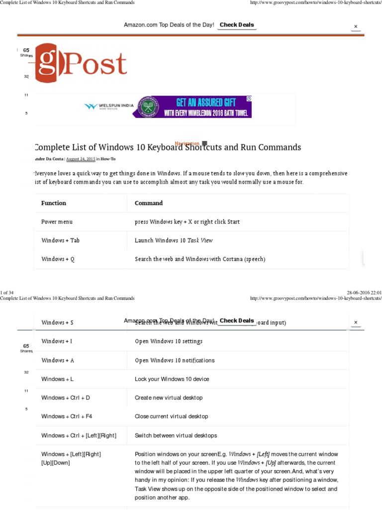 Complete List of Windows 10 Keyboard Shortcuts and Run Commands PDF ...