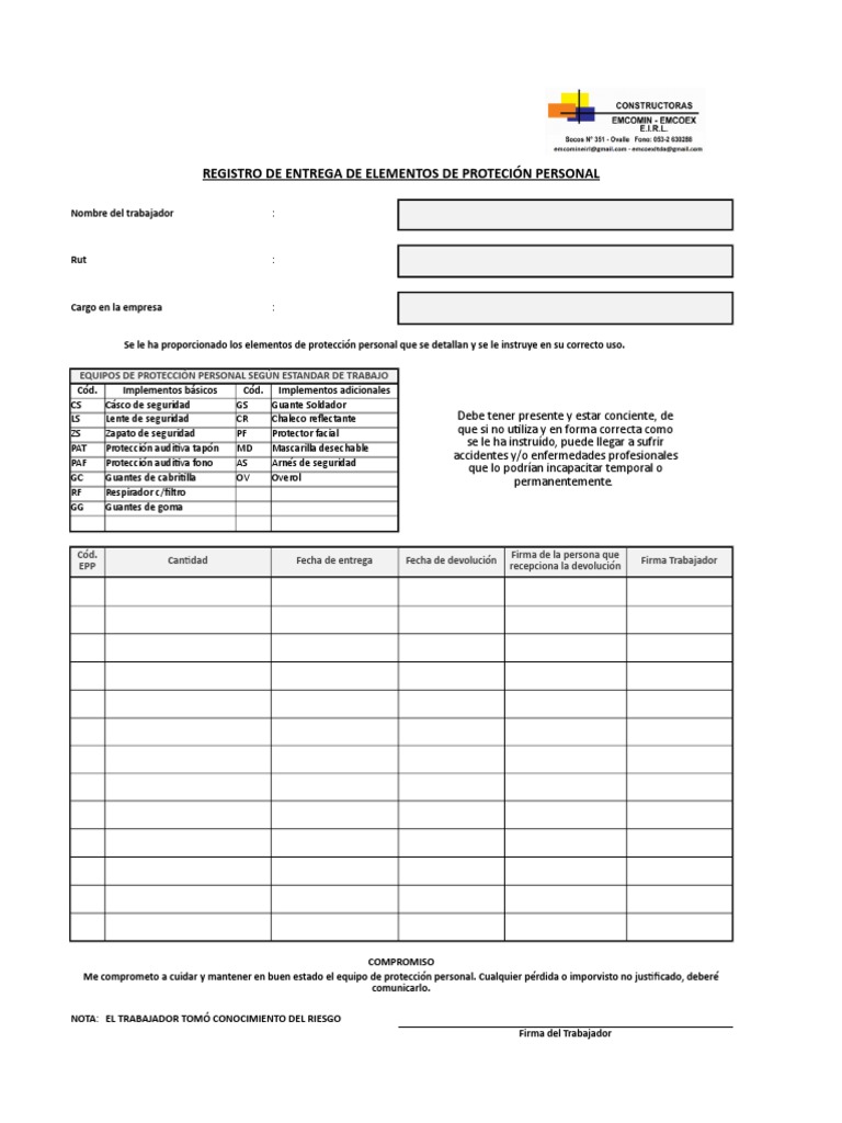 Registro de Entrega de Elementos de Protección Personal
