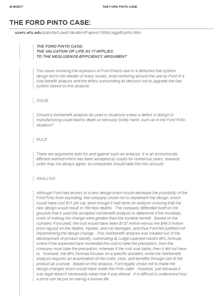 The Ford Pinto Case | PDF | Negligence | Duty Of Care