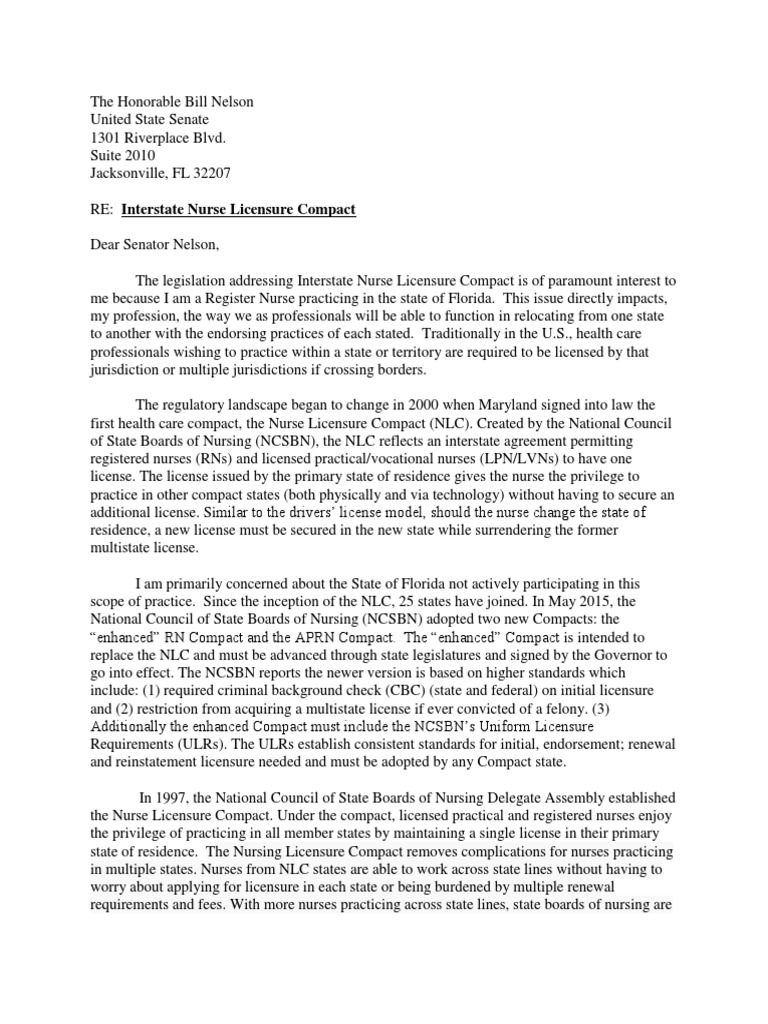 Letter To Legislator | PDF | Nursing | Licensure