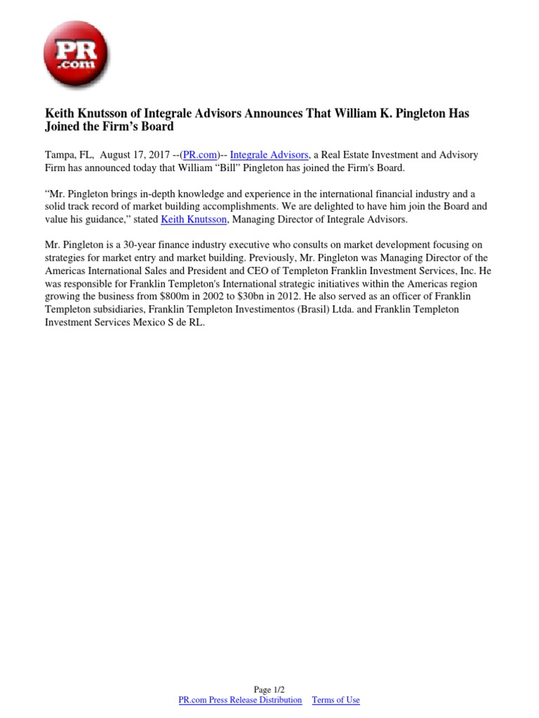 Keith Knutsson of Integrale Advisors Announces That William K. Pingleton Has Joined The Firm's ...