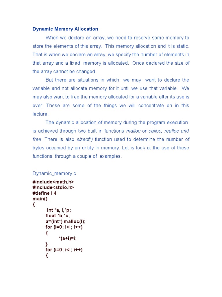 Dynamic Memory Allocation: Free. There Is Also Sizeof Function Used To ...