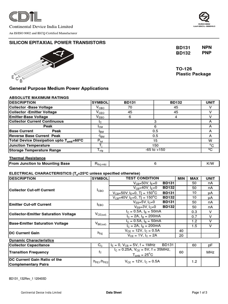 BD131 and BD132 PDF | PDF | Bipolar Junction Transistor | Electrical ...