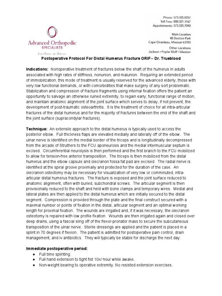 Distal Humerus Fracture ORIF Protocol | PDF | Elbow | Musculoskeletal ...