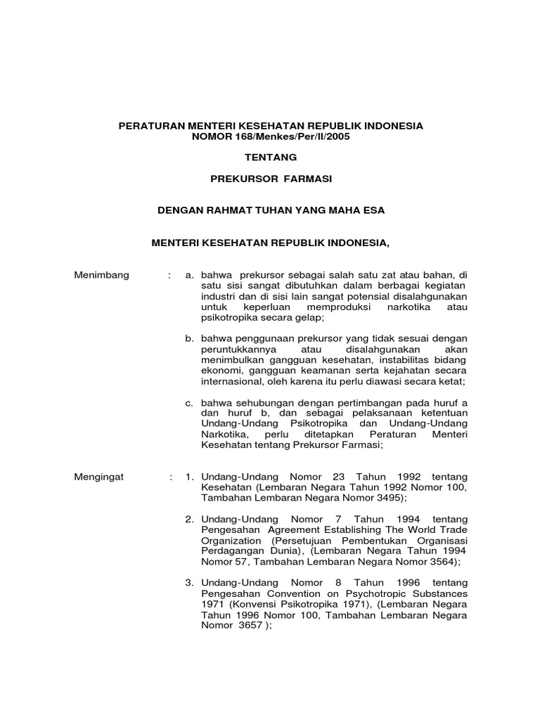 Permenkes 168-2005 Prekursor Farmasi PDF | PDF