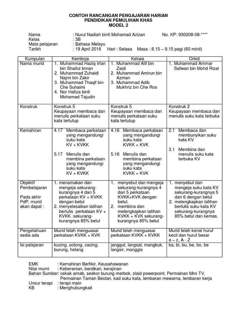 Contoh RPH BM P.pemulihan Khas Model 2 | PDF