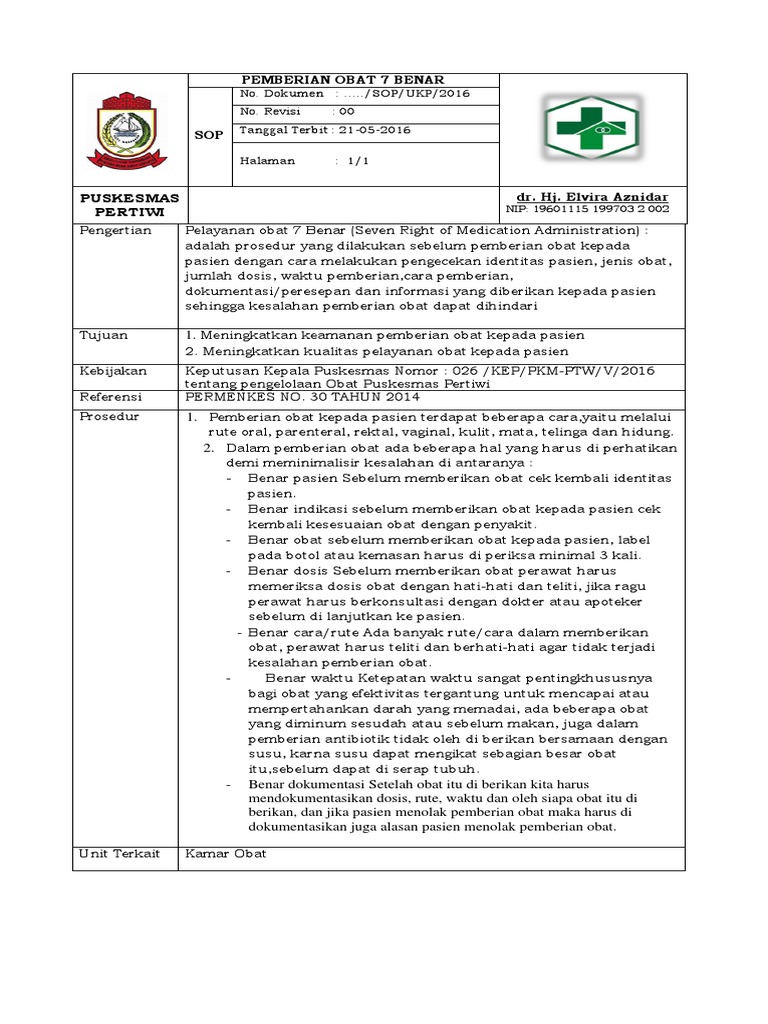 SOP OK Pemberian Obat 7 BENAR Pertiwi | PDF