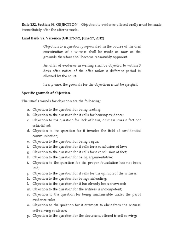 Philippines: Commonly Used Objections | PDF | Witness | Cross Examination
