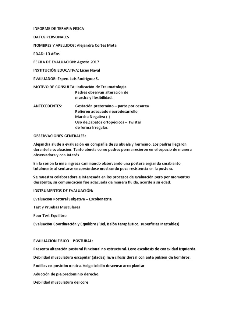 Informe De Terapia Fisica Pdf Pilates Pie