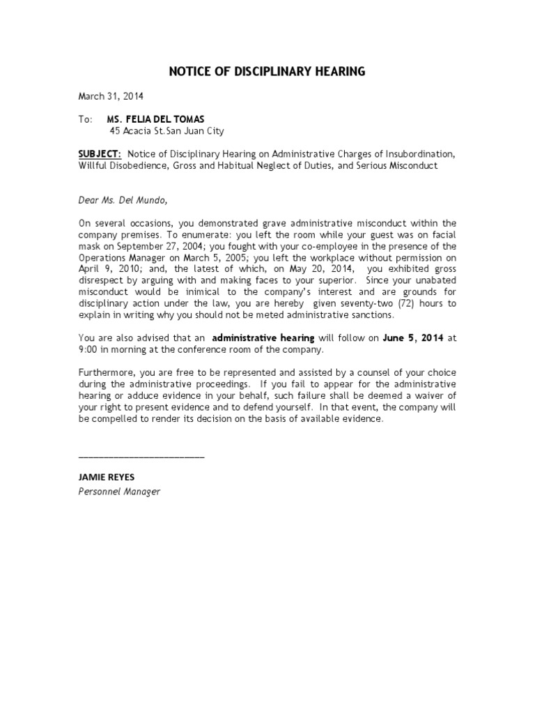 Notice of Disciplinary Hearing | PDF