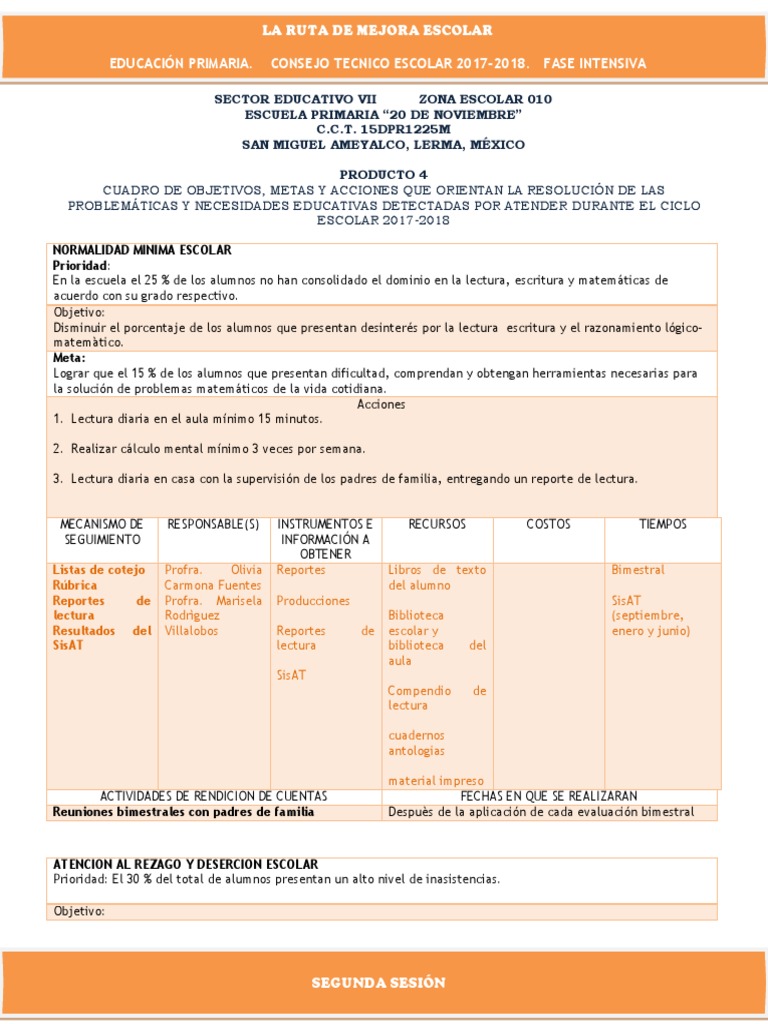 s2 4 Cuadro de Objetivos, Metas y Acciones 2017-2018 1 | PDF | Lectura ...