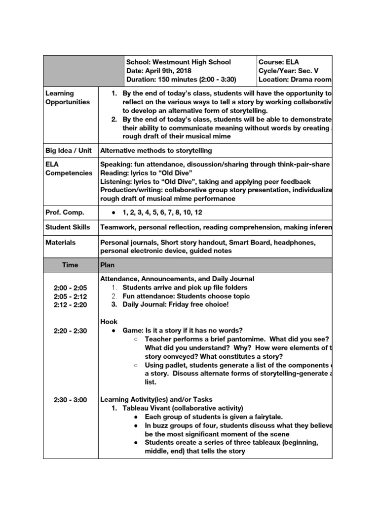 Lesson Plan - Mime and Tableaux | PDF | Teaching | Pedagogy