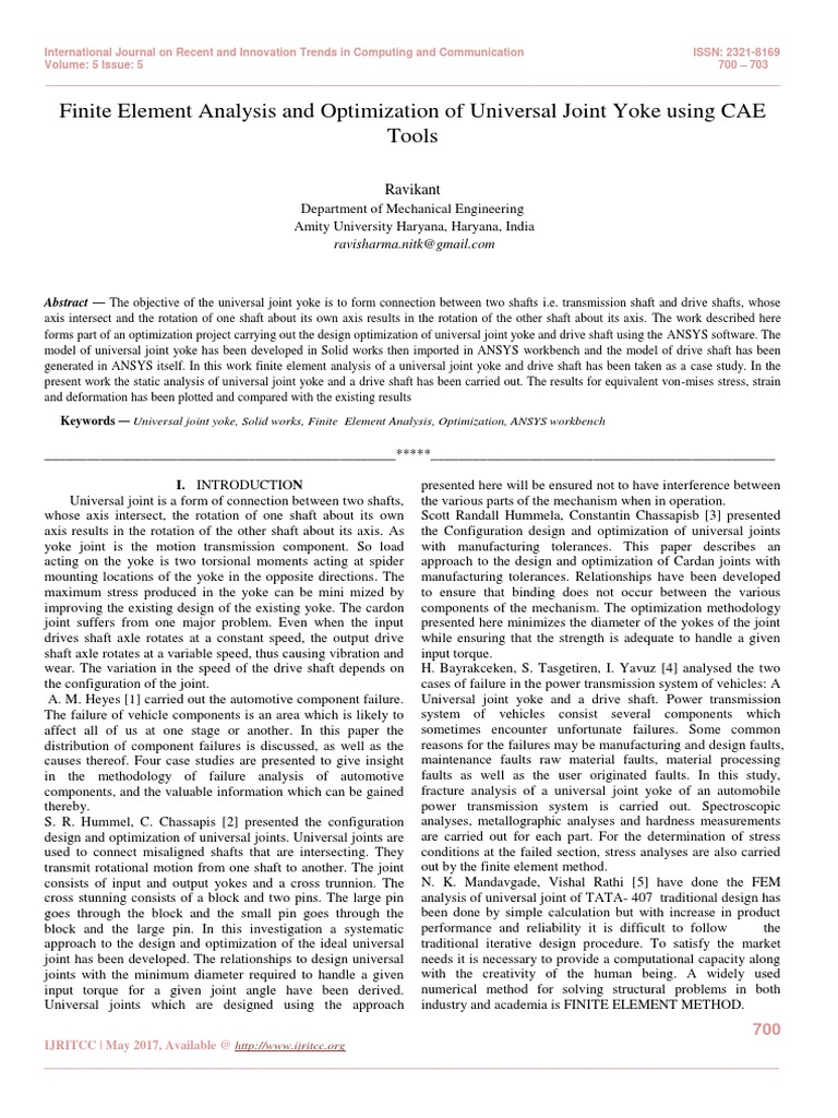 Finite Element Analysis And Optimization Of Universal Joint Yoke Using Cae Tools Pdf Stress