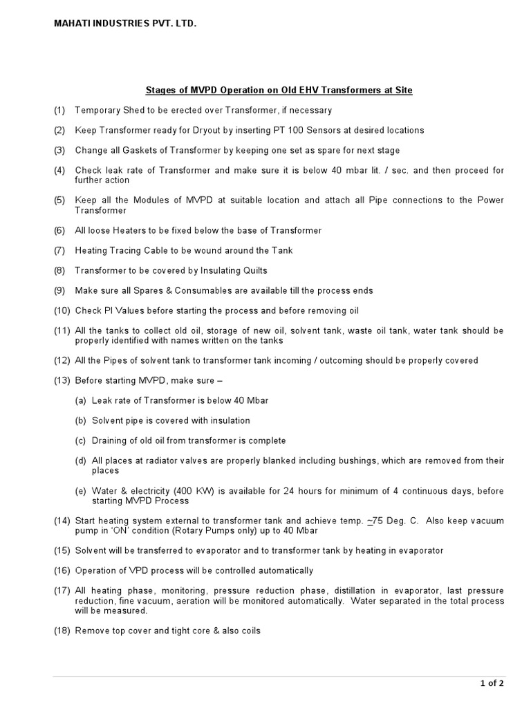 Stages of MVPD Operation On Old EHV Transformers at Site | PDF ...