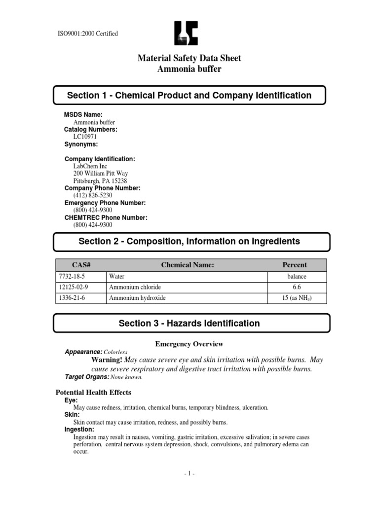 Msds Buffer Amoniak | Ammonia | Breathing