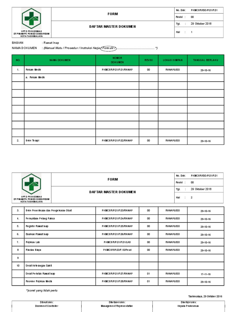Daftar Master Dokumen Rawat Inap Puskesmas | PDF | Sains & Matematika