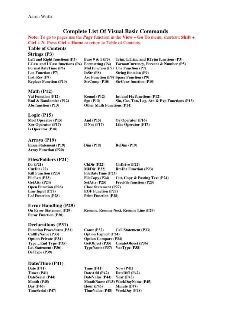 Complete List Of Visual Basic Commands Pdf Trigonometric Functions Array Data Type 0399