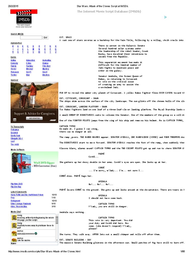 Star Wars - Attack of The Clones Script at IMSDb | PDF | Palpatine | Jedi