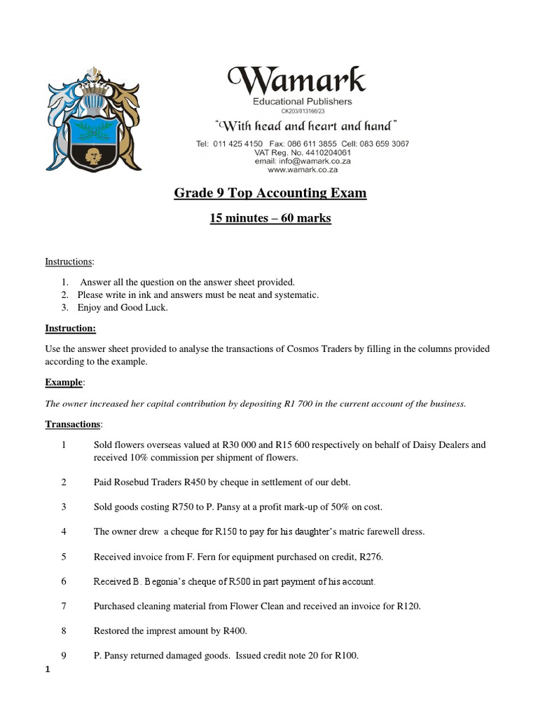 Accounting Grade 9 November Exam - Accounting Equation | PDF | Cheque ...