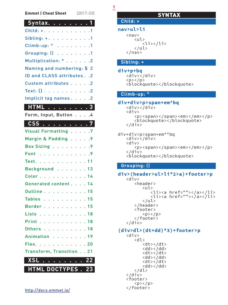 Emmet CheatSheet | PDF | Html Element | Web Development