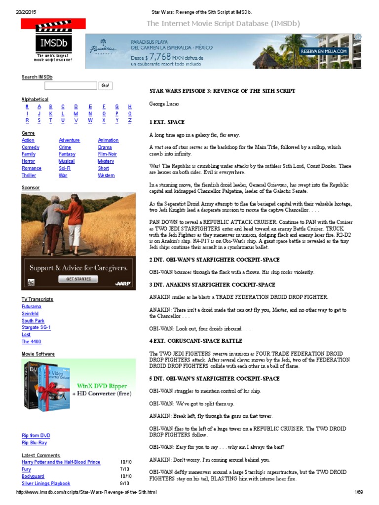 Star Wars_ Revenge of the Sith Script at IMSDb | Darth Vader | Jedi