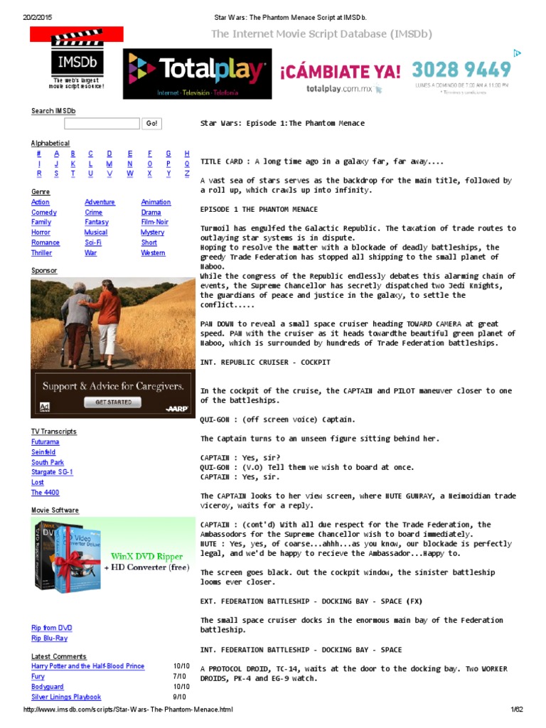 Star Wars - The Phantom Menace Script at IMSDb - pdf5 PDF | PDF ...