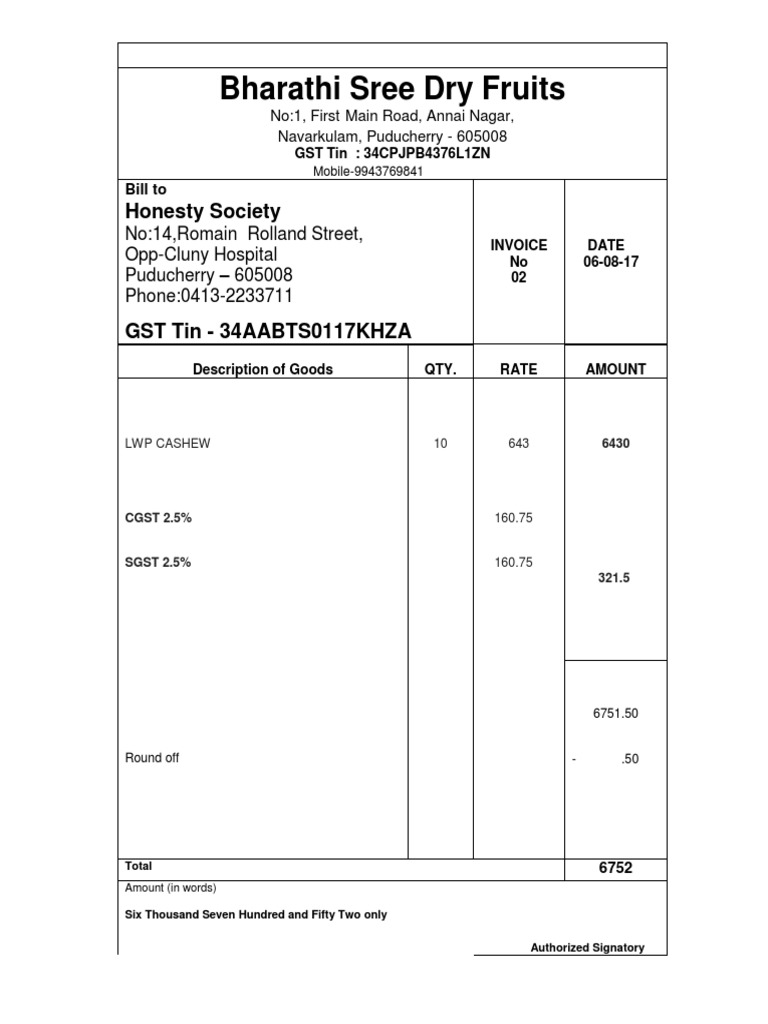 Invoice for Cashew Nuts from Bharathi Sree Dry Fruits to Honesty ...