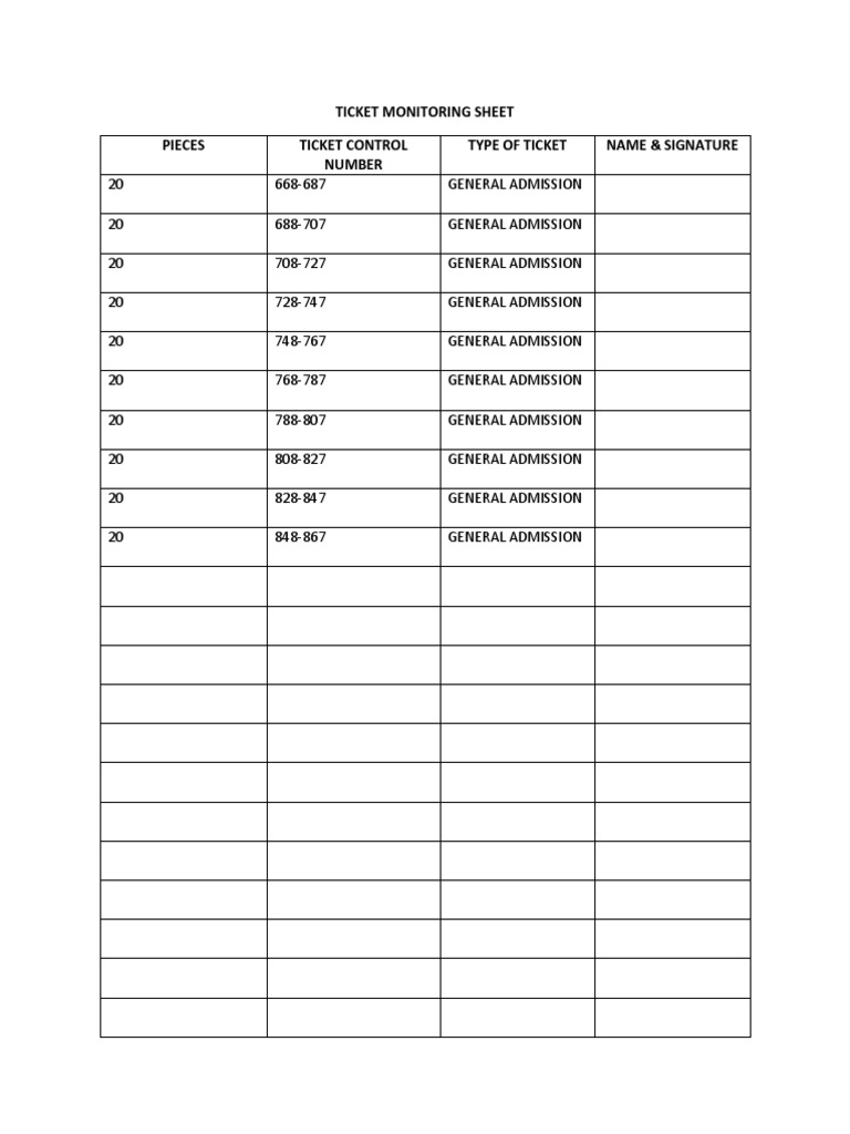 Ticket Monitoring Sheet Pieces Ticket Control Number Type of Ticket ...