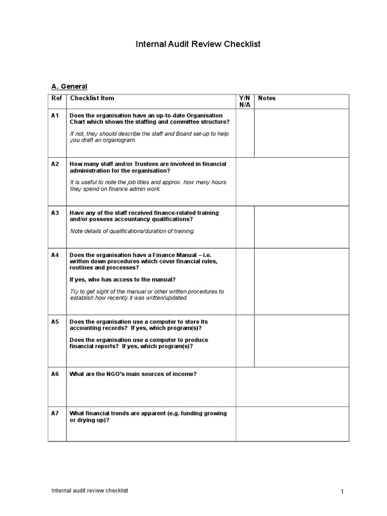 Internal Audit Review Checklist: A. General | PDF | Cheque | Financial ...