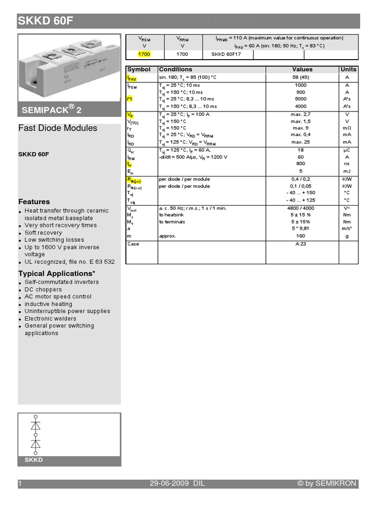Thyristor Bridge, SCR, Bridge: SKKD 60F | PDF | Components ...