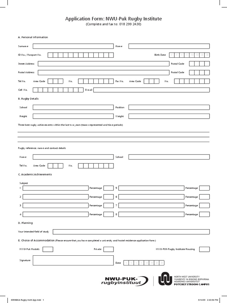 Application Form: NWU-Puk Rugby Institute: (Complete and Fax To: 018 299 2430) | PDF | Written ...