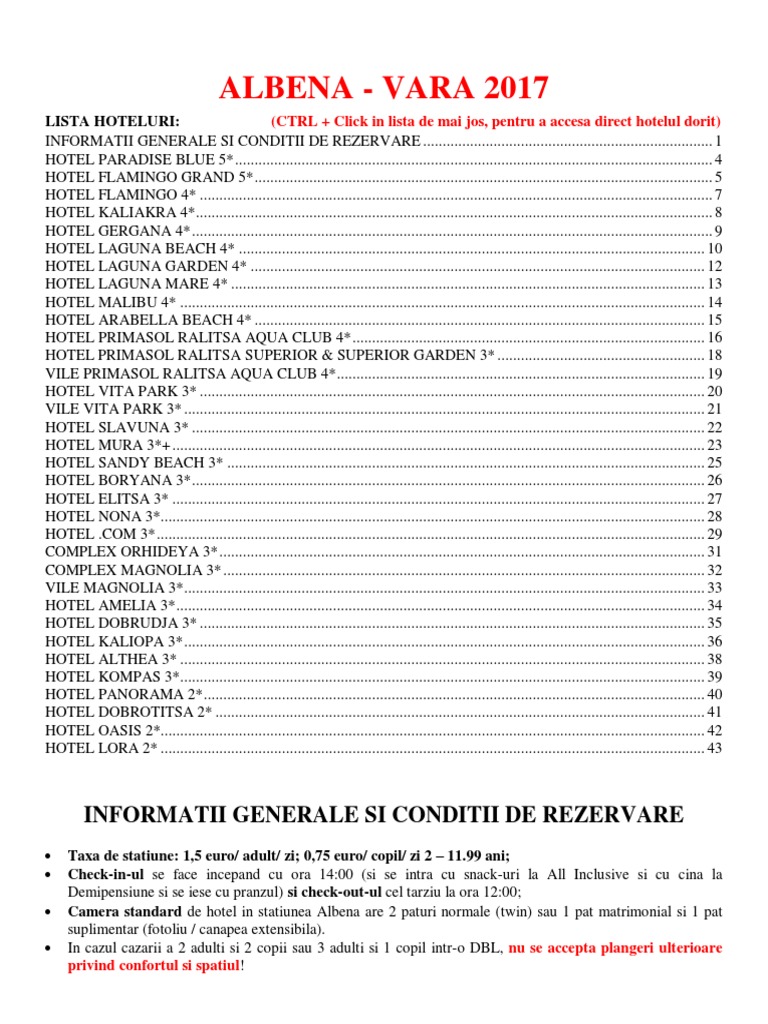 Albena - Vara 2017: Informatii Generale Si Conditii de Rezervare | PDF