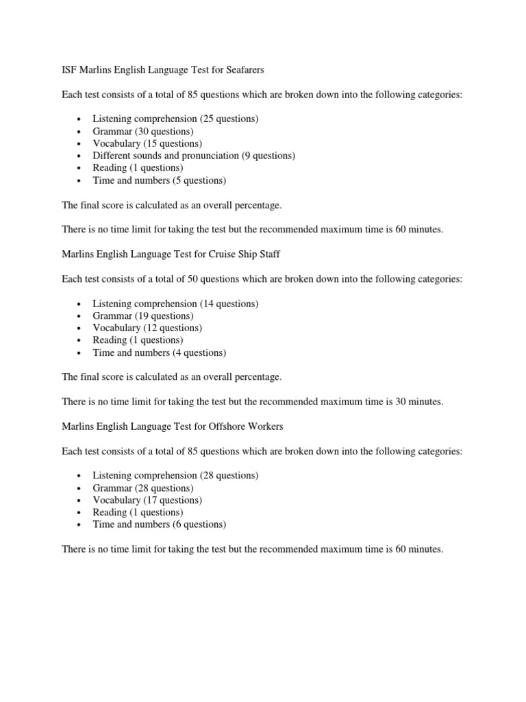 ISF Marlins English Language Test For Seafarers | PDF | English ...