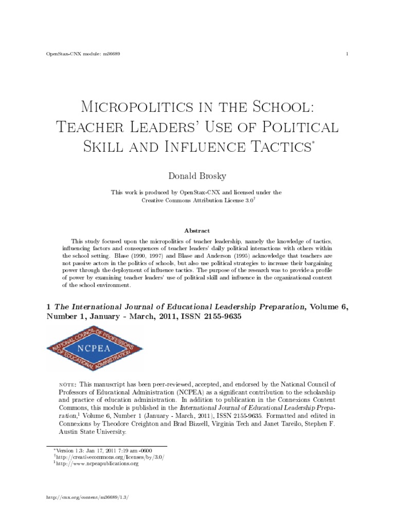 Micropolitics in The School Teacher Leaders Use of Political Skill and ...