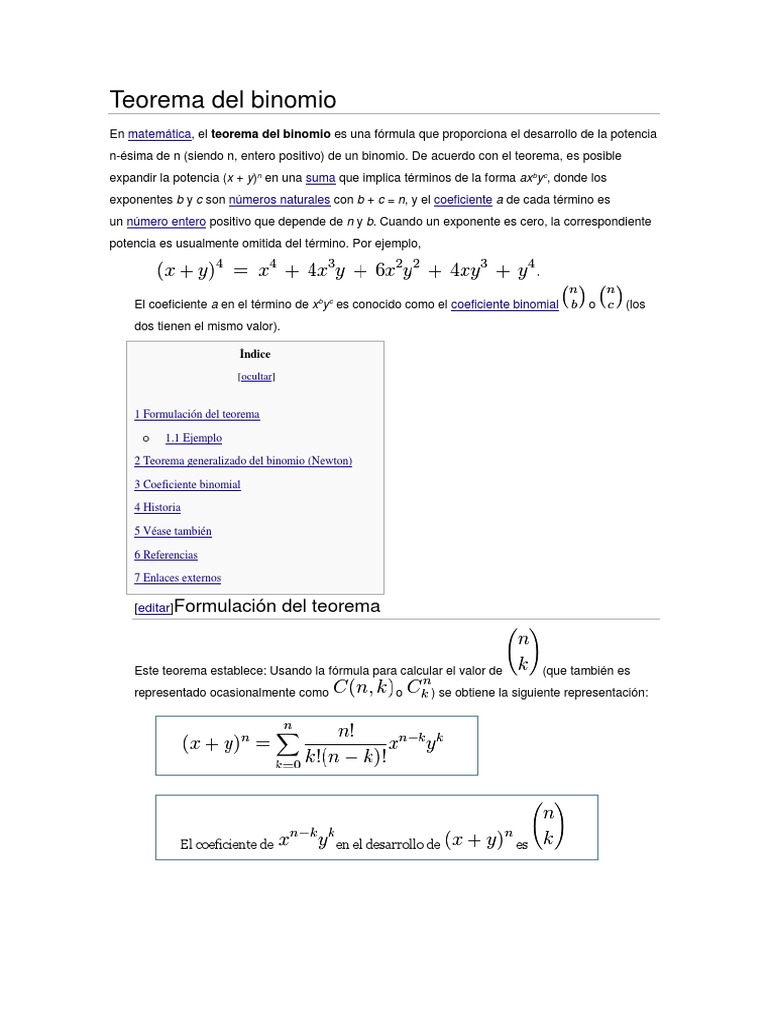 Teorema Del Binomio Pdf Números Combinatoria