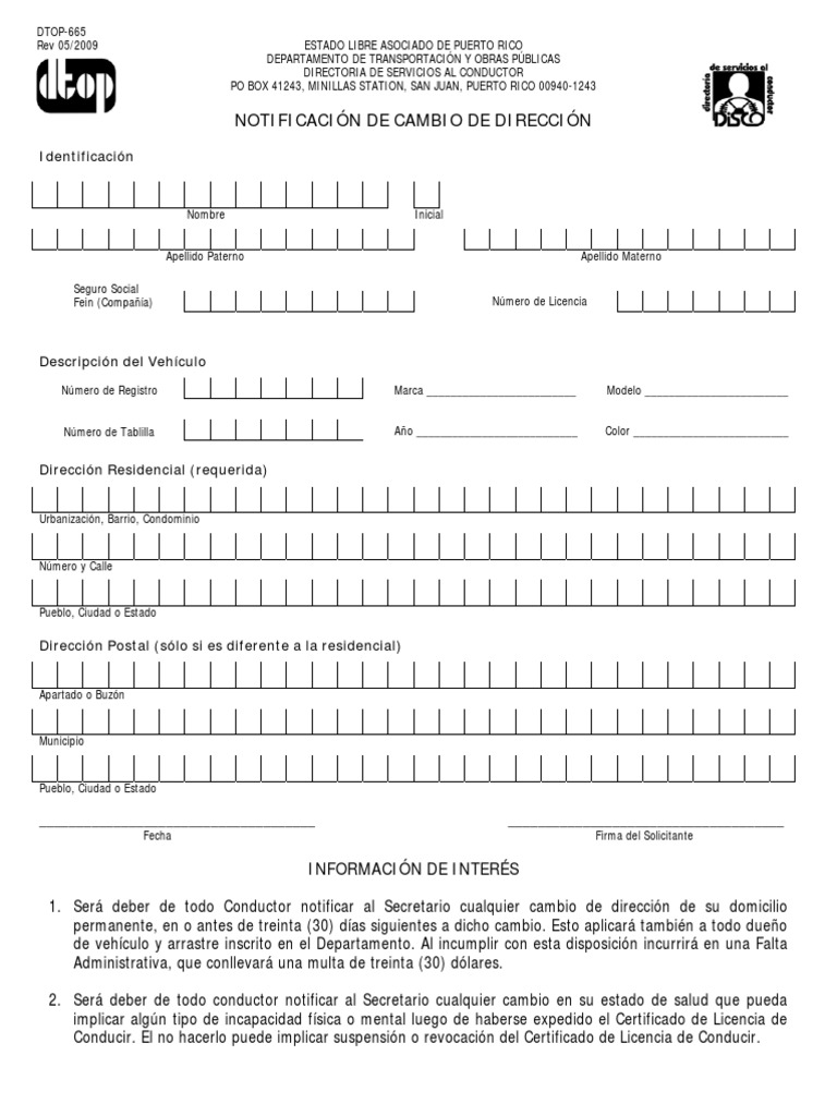 Notificación de Cambio de Dirección DTOP-665 | PDF | Finanzas y dinero