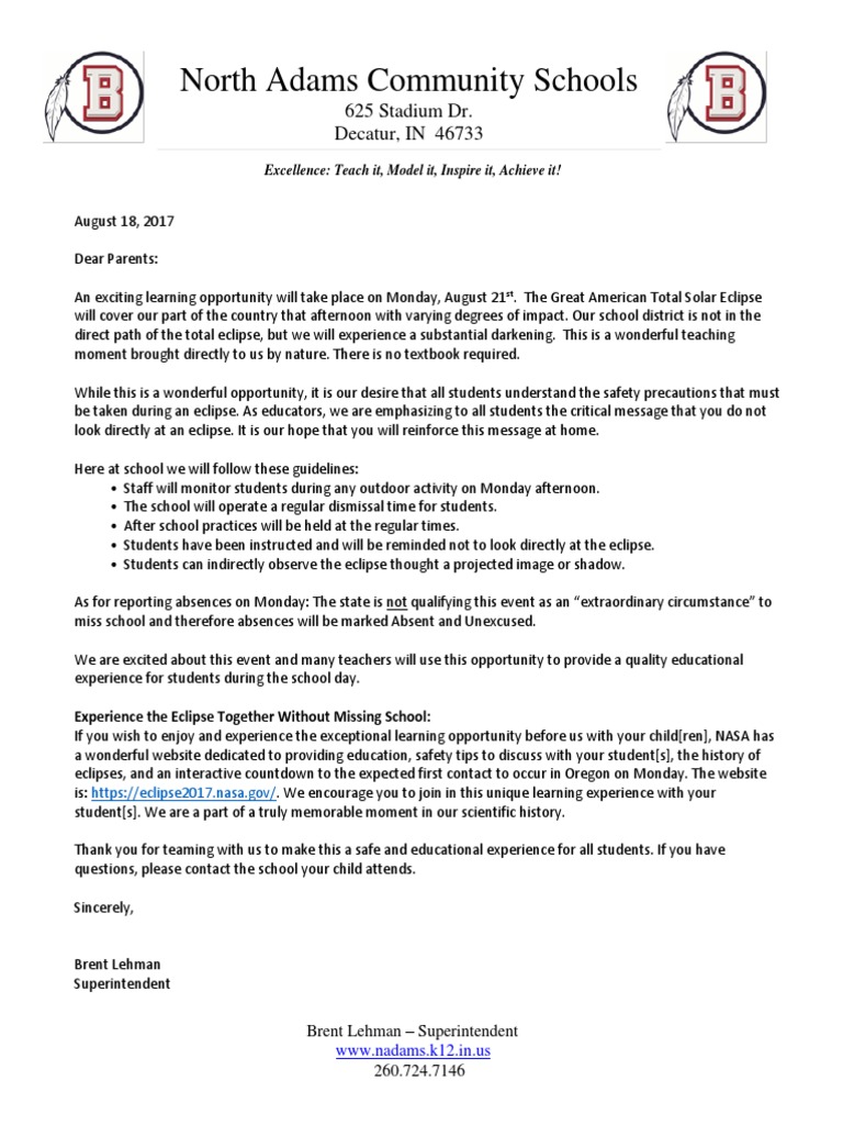 2017 0818 - Eclipse Letter To Parents | PDF | Teaching | Psychological ...