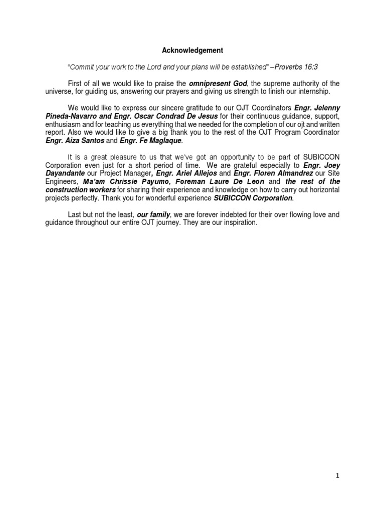 Acknowledgement for OJT Experience | PDF