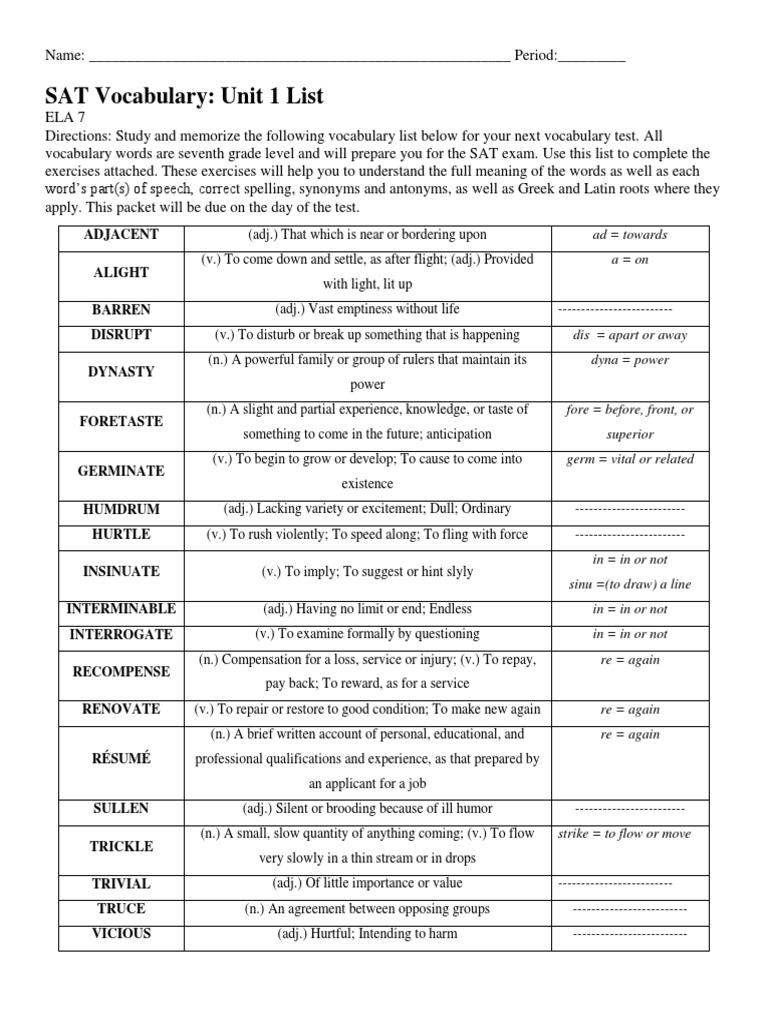 SAT Vocabulary Unit 1 for 7th Grade | PDF | Test (Assessment)