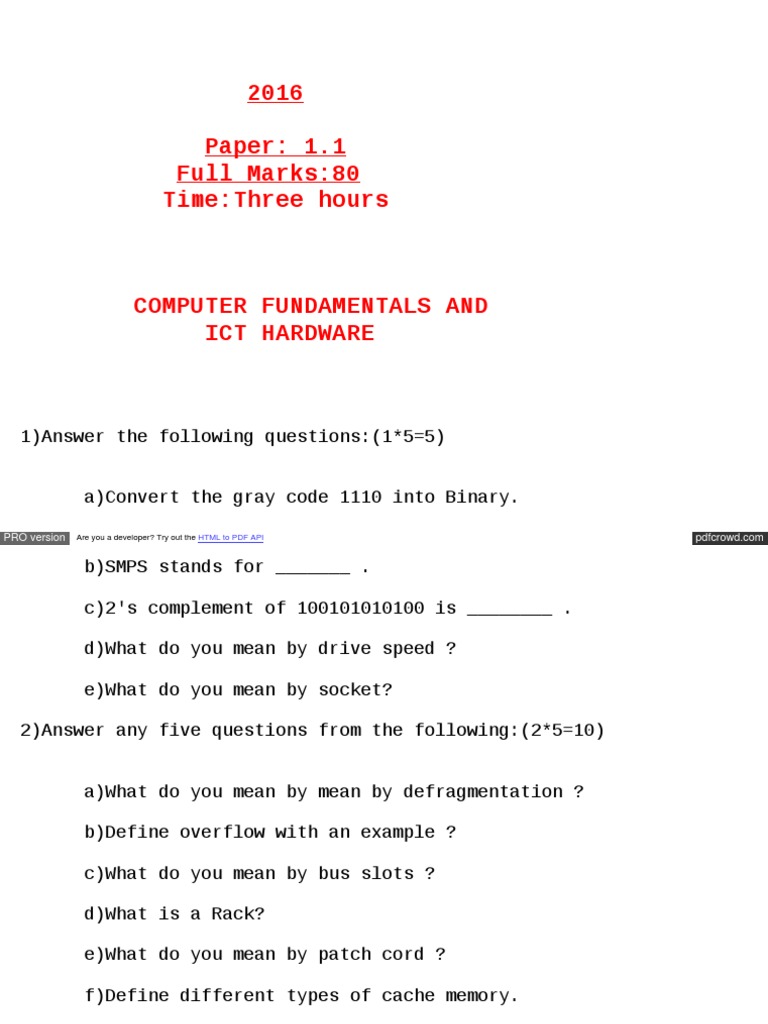 Ict Hardware Question Paper (1st Sem-2016) PDF | PDF | Electrical ...