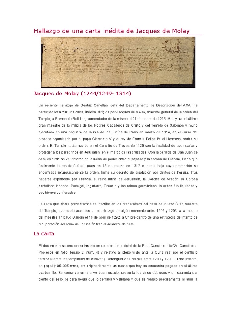 Carta Inédita de Jacques de Molay | PDF | Caballeros templarios | Papa