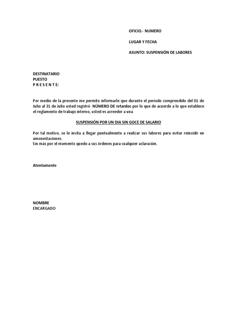 Ejemplo de Carta de Suspension Laboral | PDF