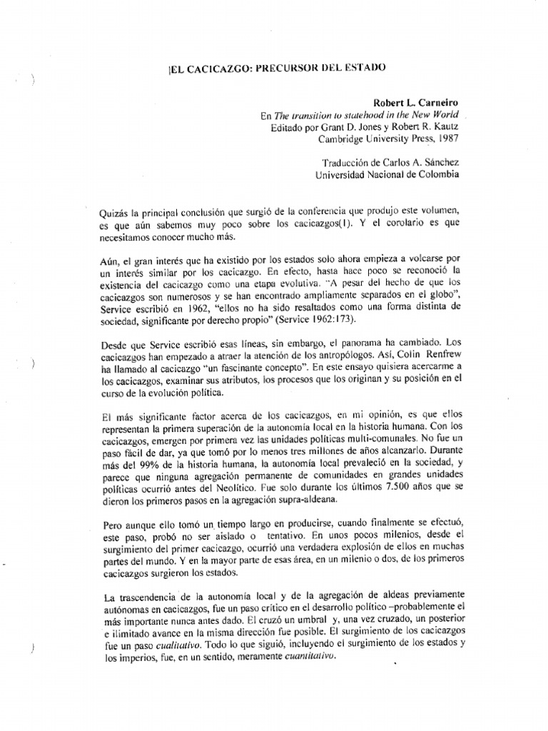Carneiro, Robert. El Cacicazgo. Precursor Del Estado | PDF