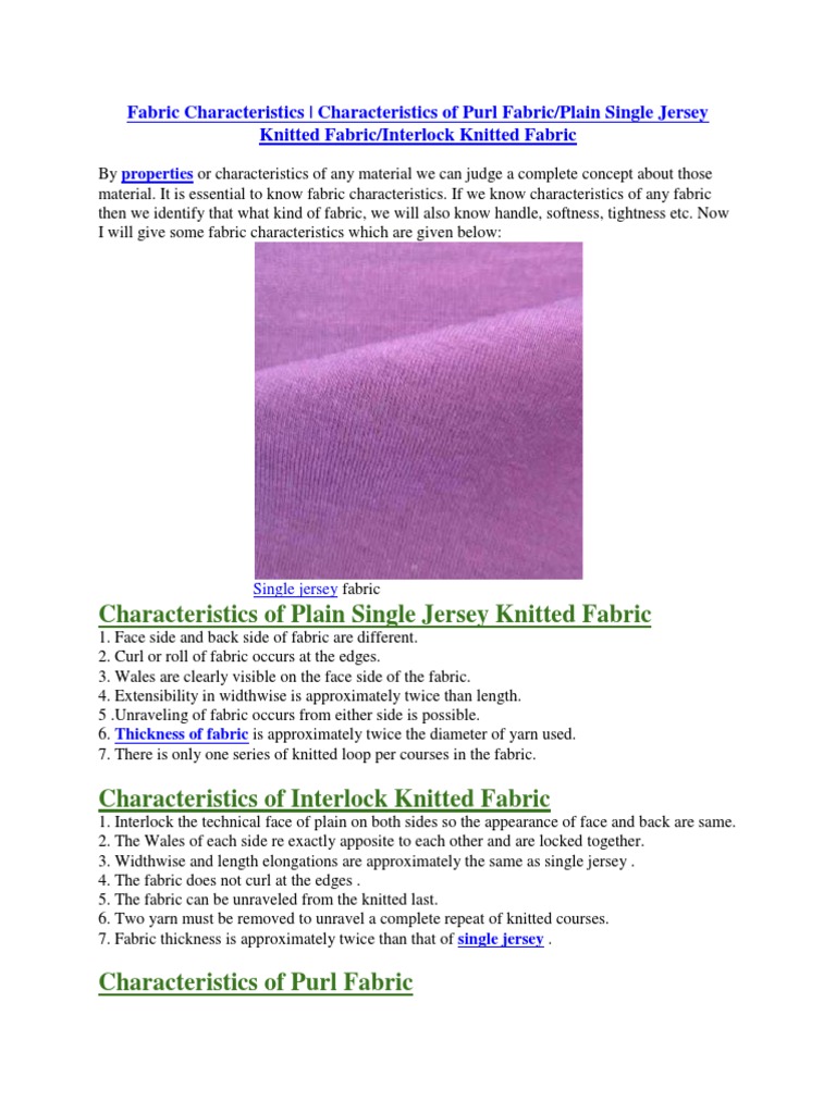 Characteristics of Plain Single Jersey Knitted Fabric | PDF