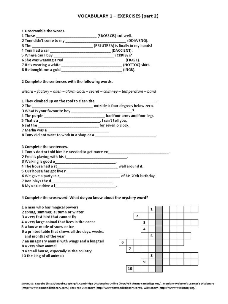Vocabulary 1 - Exercises (Part 2) : 1 Unscramble The Words | PDF | Leisure