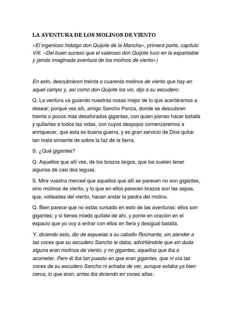 La Aventura de Los Molinos de Viento | PDF | Don Quijote | Molino ...